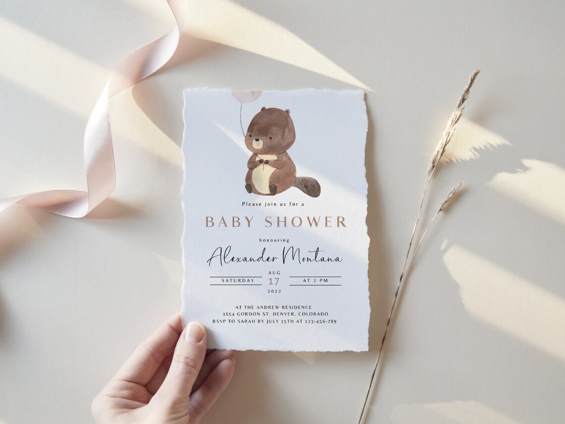 Editable Beaver Balloon Beaver Theme Baby Shower Invitation Boho Invite ...