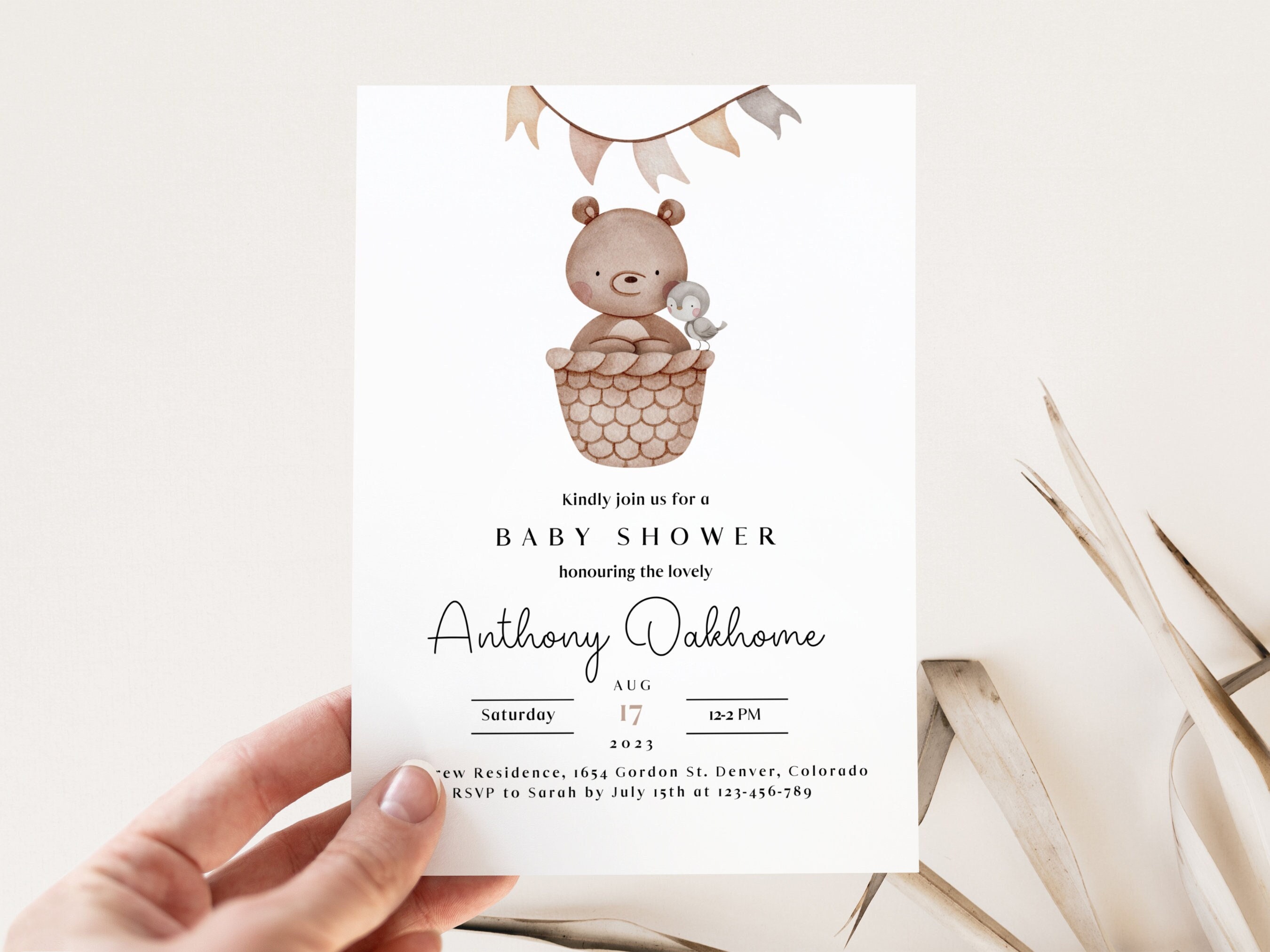 Plantilla de invitación de baby shower de oso boho, invitación de baby ...