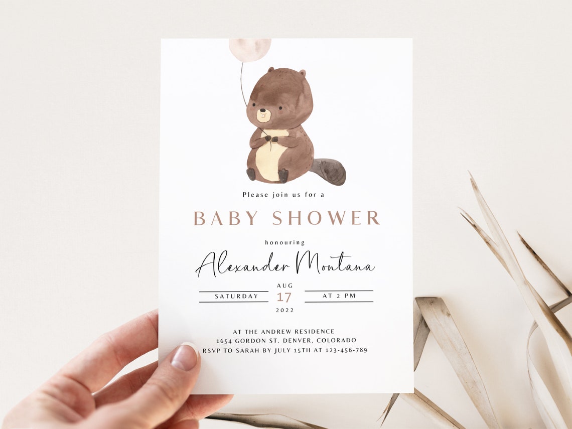 Editable Beaver Balloon Beaver Theme Baby Shower Invitation Boho Invite ...