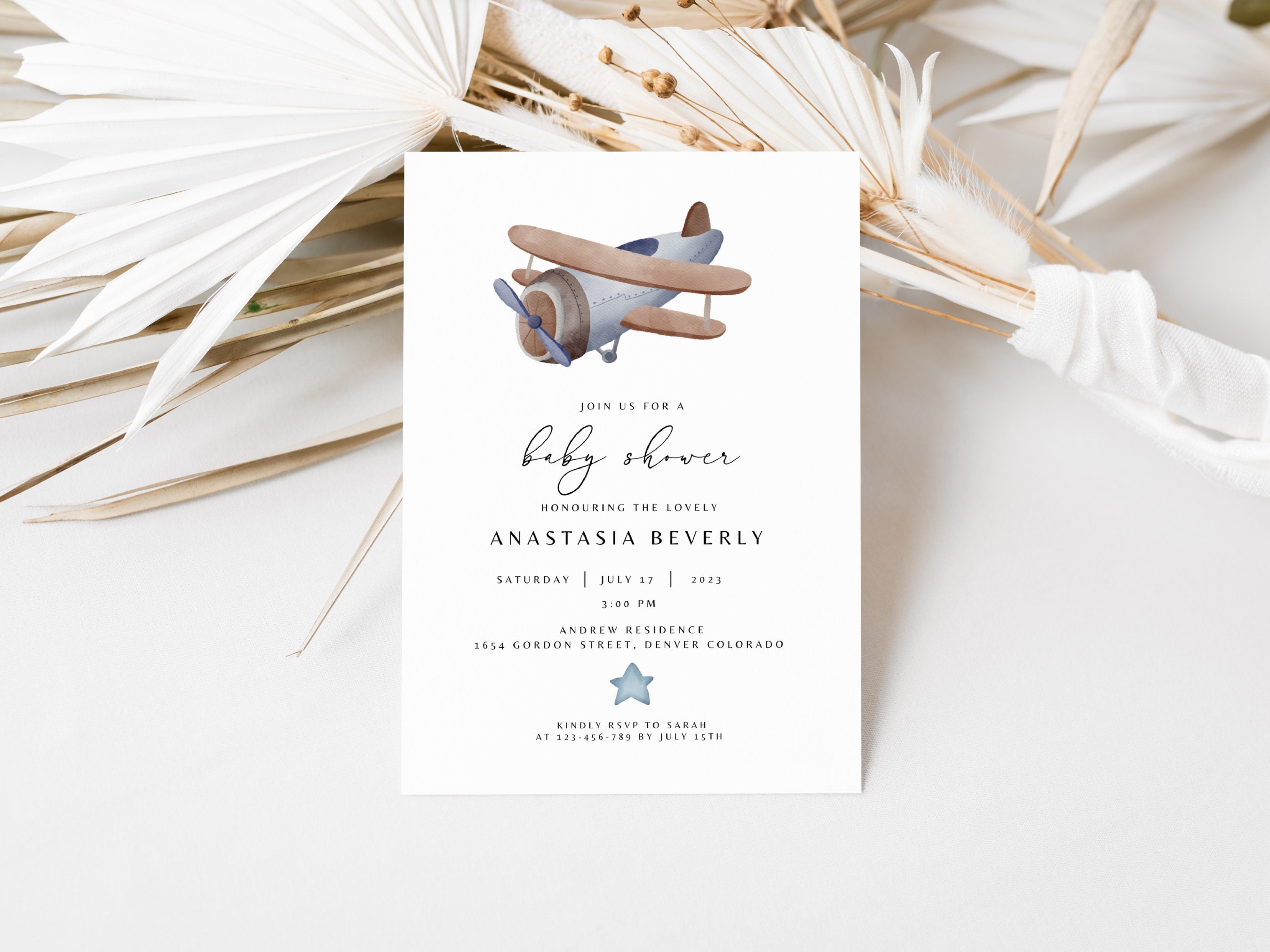 Airplane Baby Shower Invitation Template, Editable Printable Invite ...