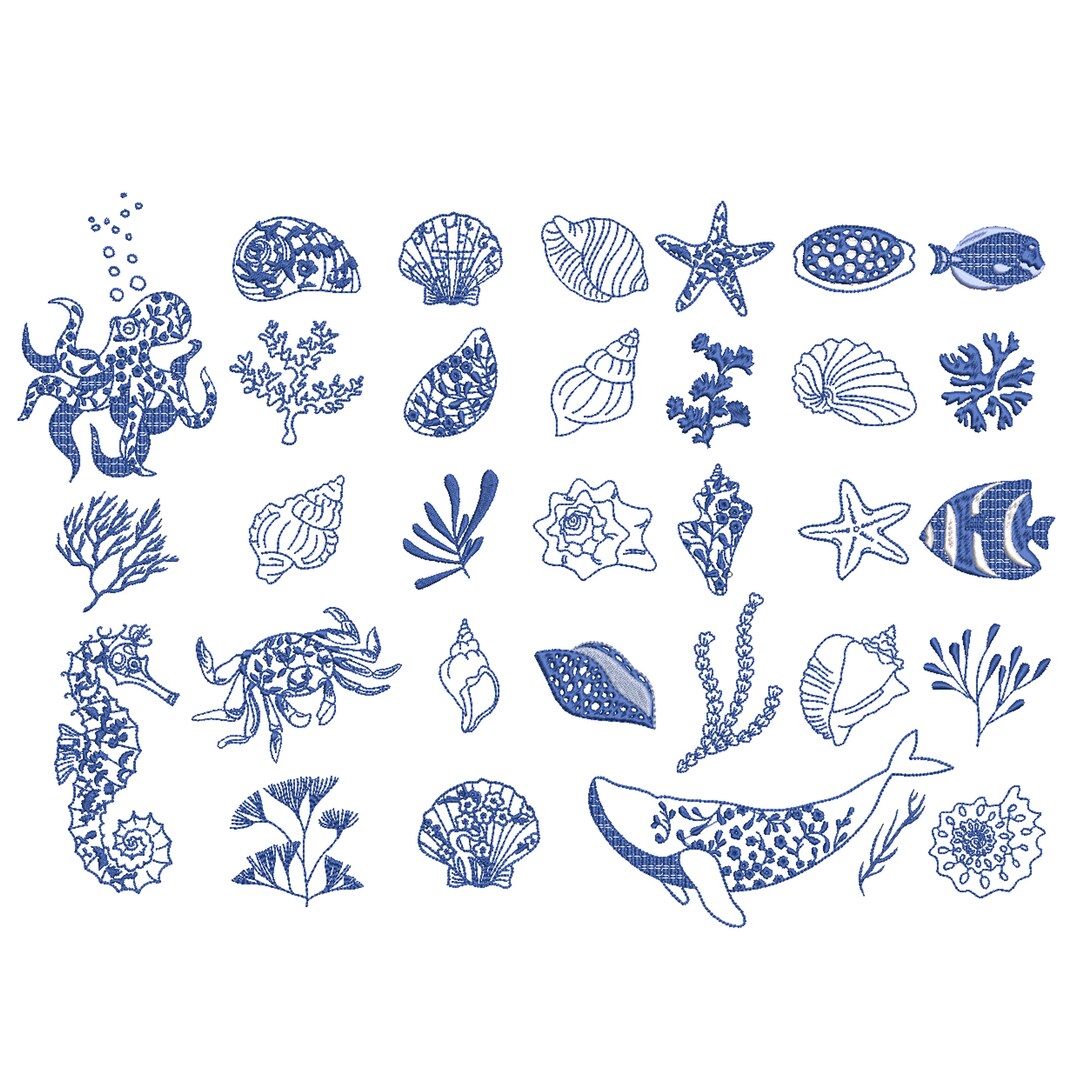 33 Chinoiserie Marine Machine Embroidery Design Elements, Sea Shell ...