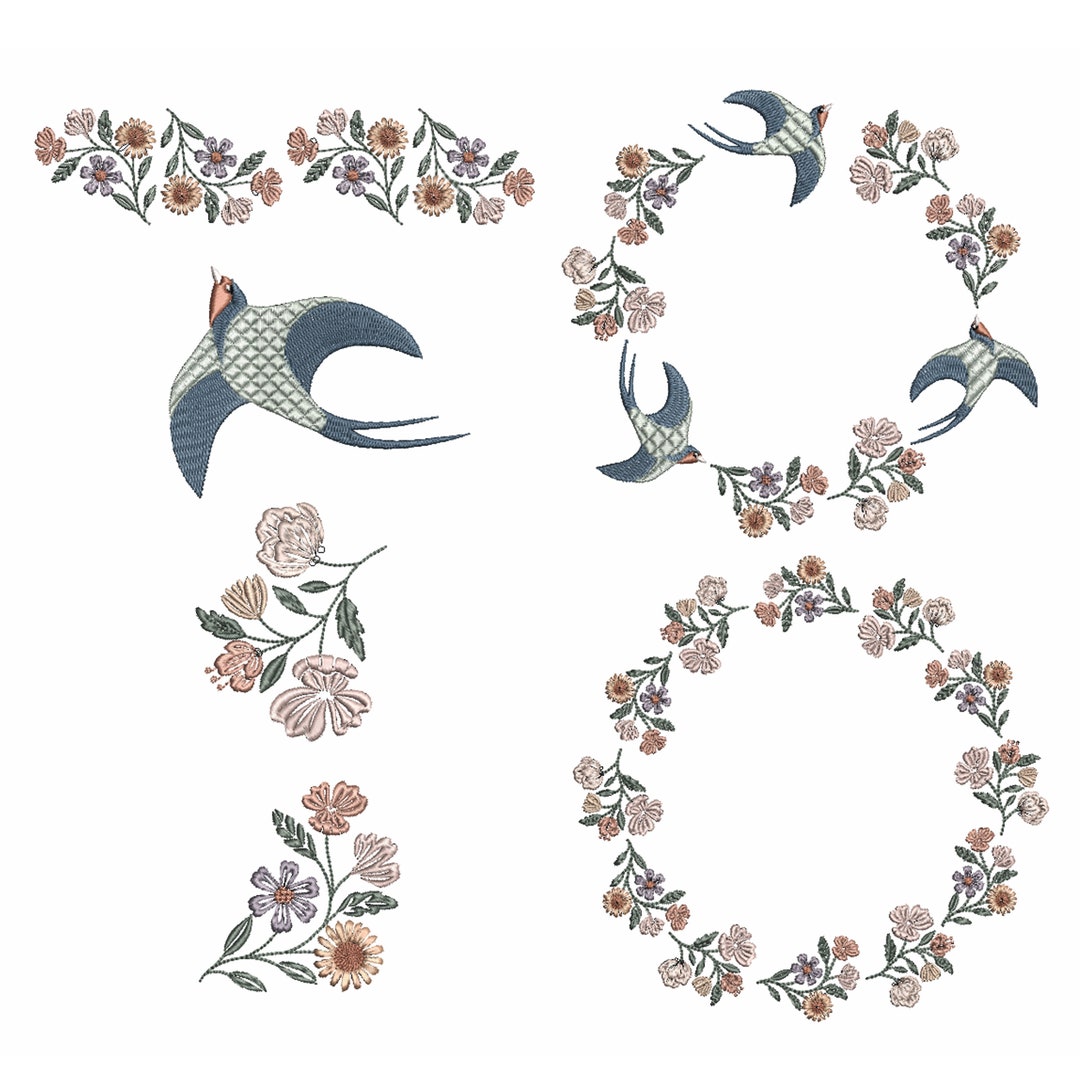 6 Skylark Theme Elements for Machine Embroidery, Flower Bird Design Floral Wildflower Wreath and ...