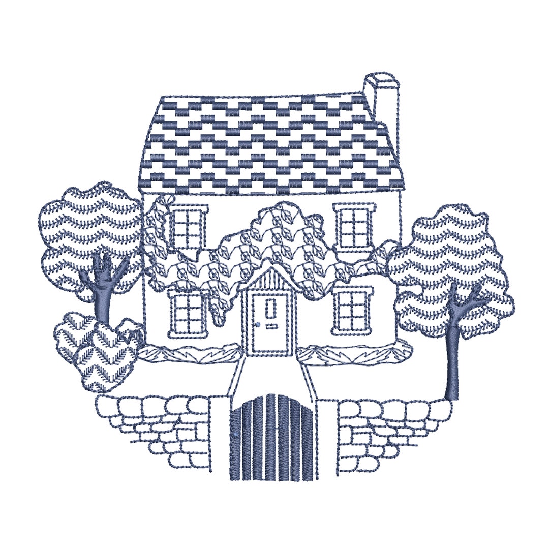 Chinoiserie Country House Machine Embroidery Design, Blue and White ...
