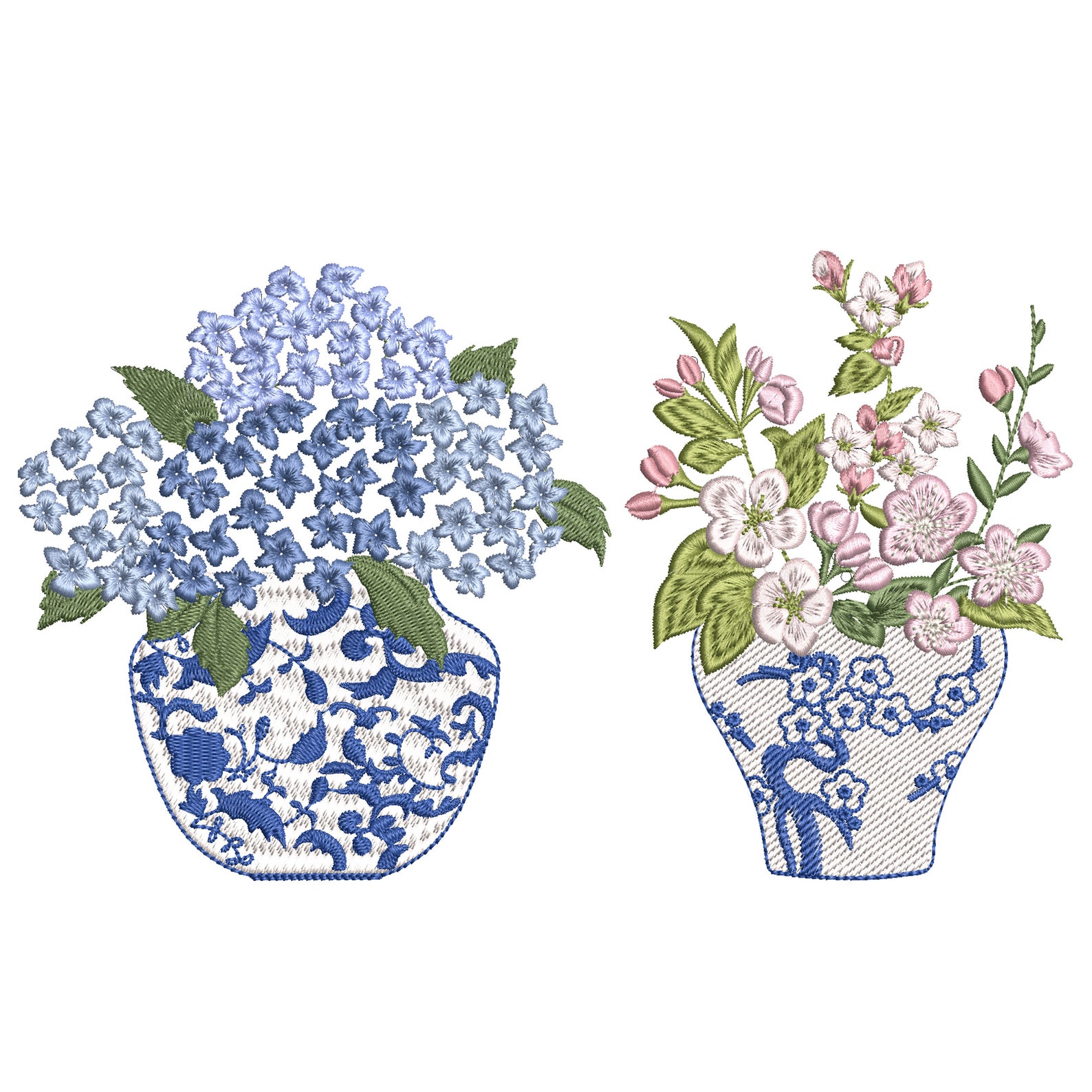 Chinoiserie Cherry Blossom and Hydrangea Vase Machine Embroidery Design ...