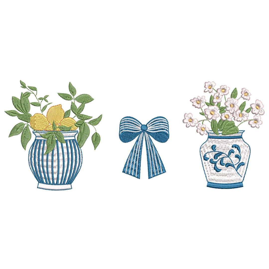 Chinoiserie Lemon and Primrose Vase Machine Embroidery Design Set, Blue ...