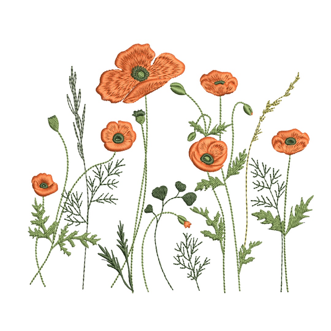 Poppy Wild Flower Meadow Machine Embroidery Design, Floral Botanical ...
