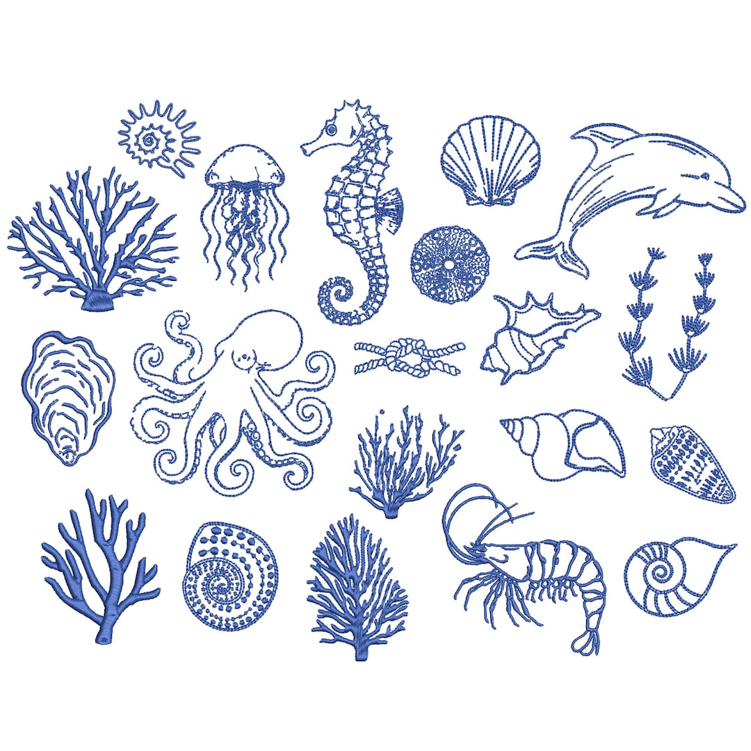 20 Marine Machine Embroidery Design Elements, Sea Shell Octopus Dolphin ...
