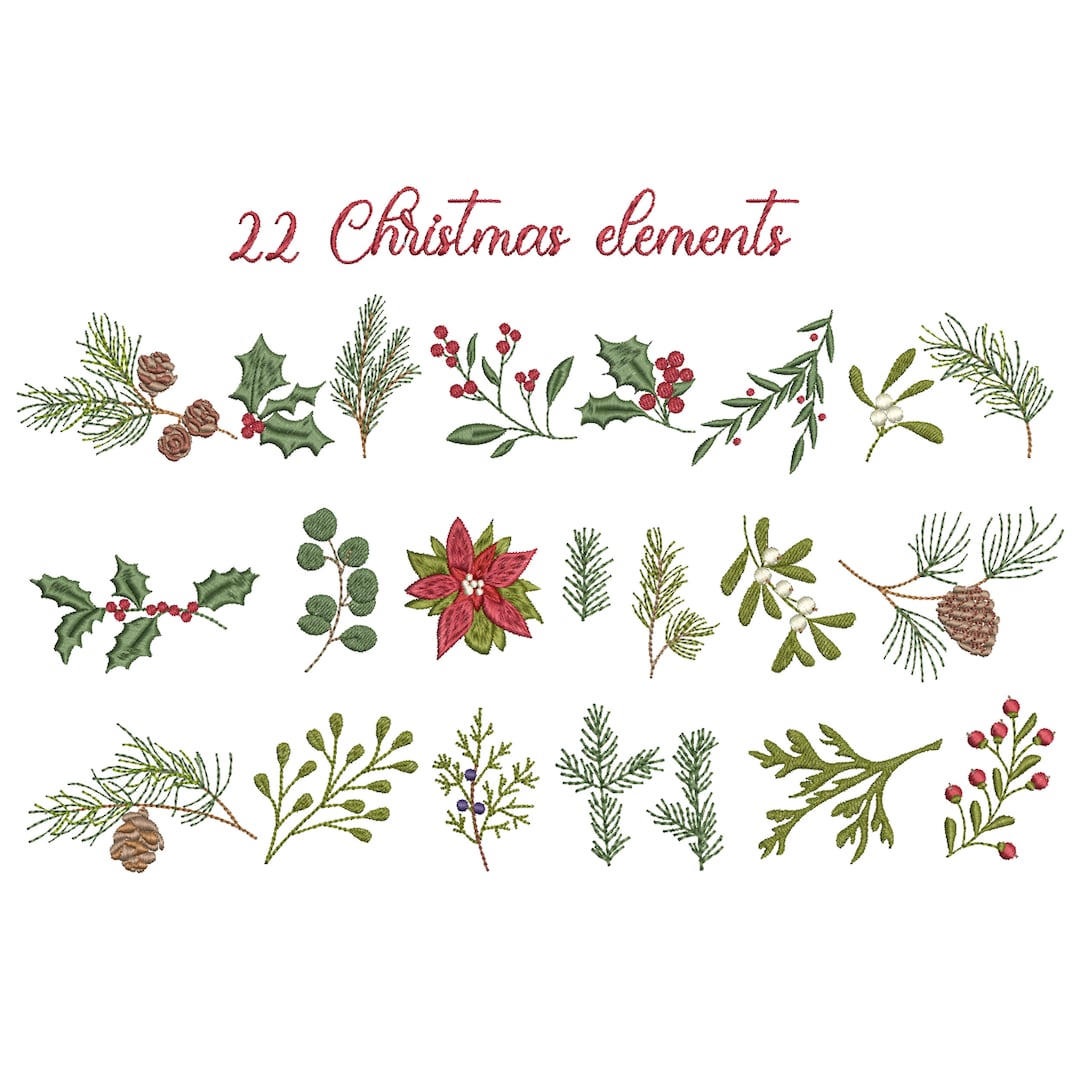 22 Christmas Botanicals for Machine Embroidery, Winter Mini Flower ...