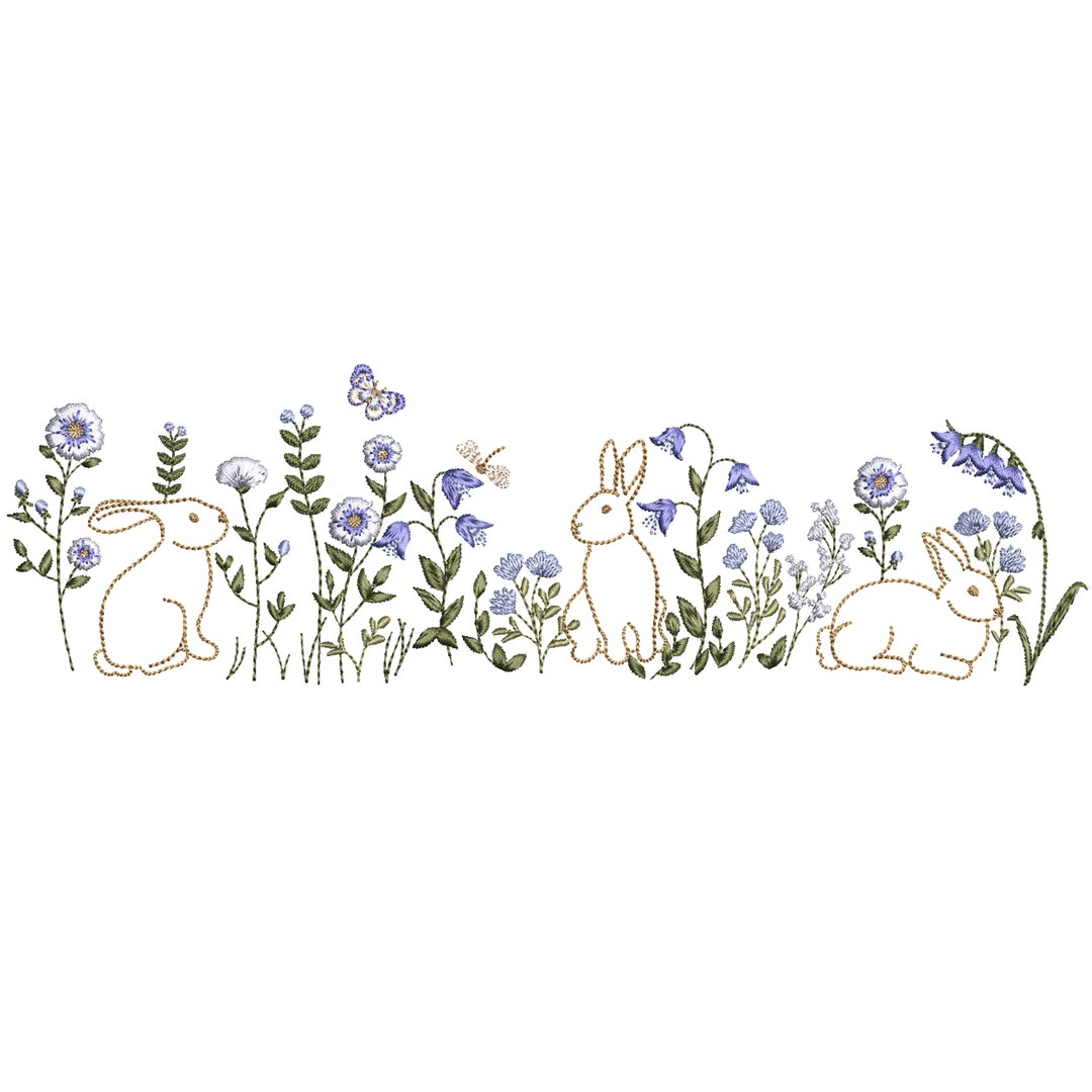 Easter Meadow Border Machine Embroidery Design, Flower Bunny Floral ...