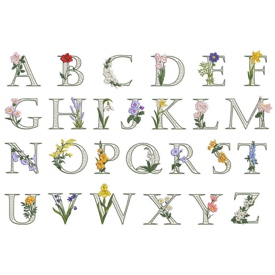 Flower Alphabet Machine Embroidery Design Package, Monogram Font Script ...