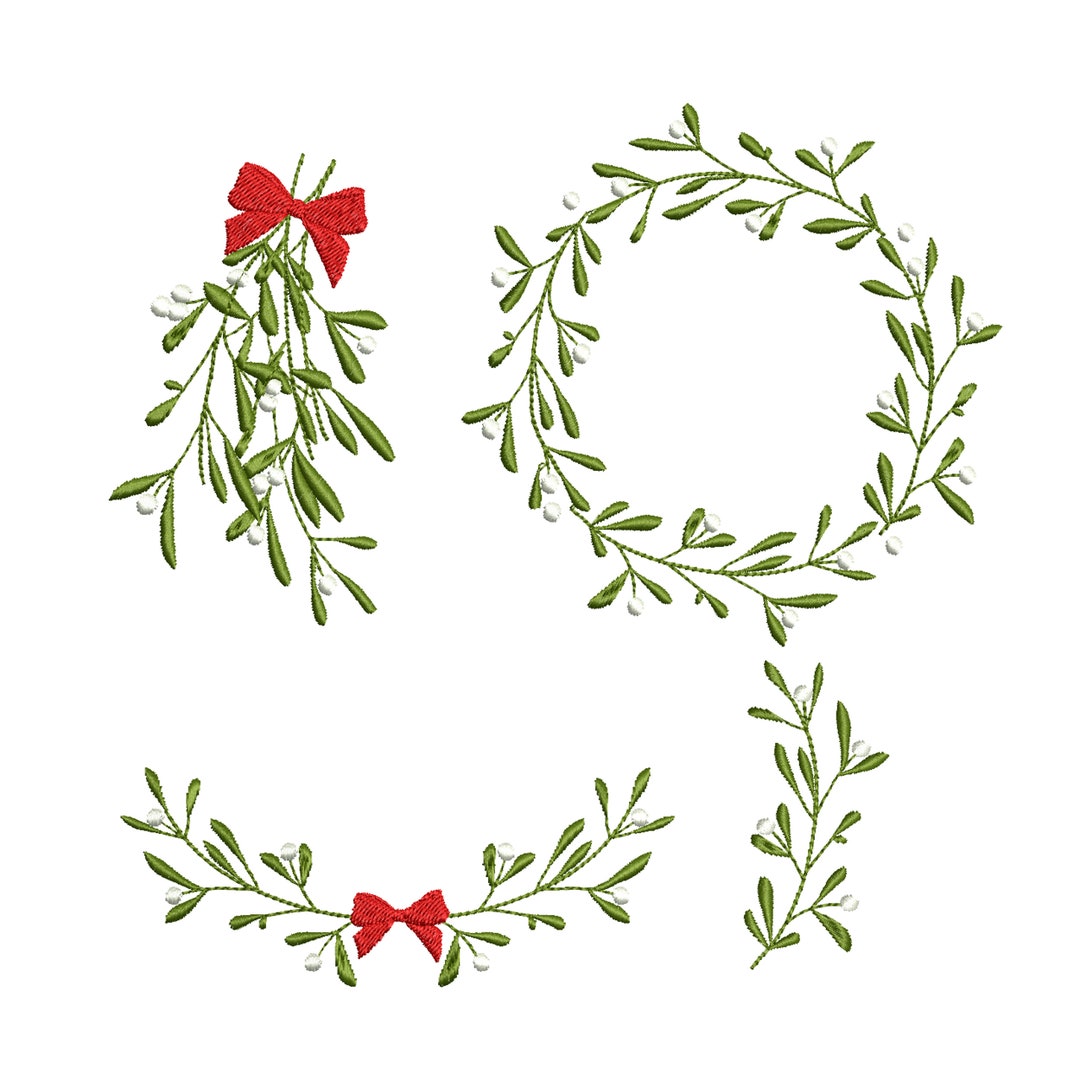 Christmas Mistletoe Branch, Border and Wreath for Machine Embroidery ...