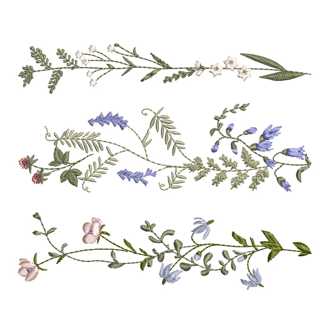 3 Meadow Wildflower Border Machine Embroidery Design Bundle, Botanical ...