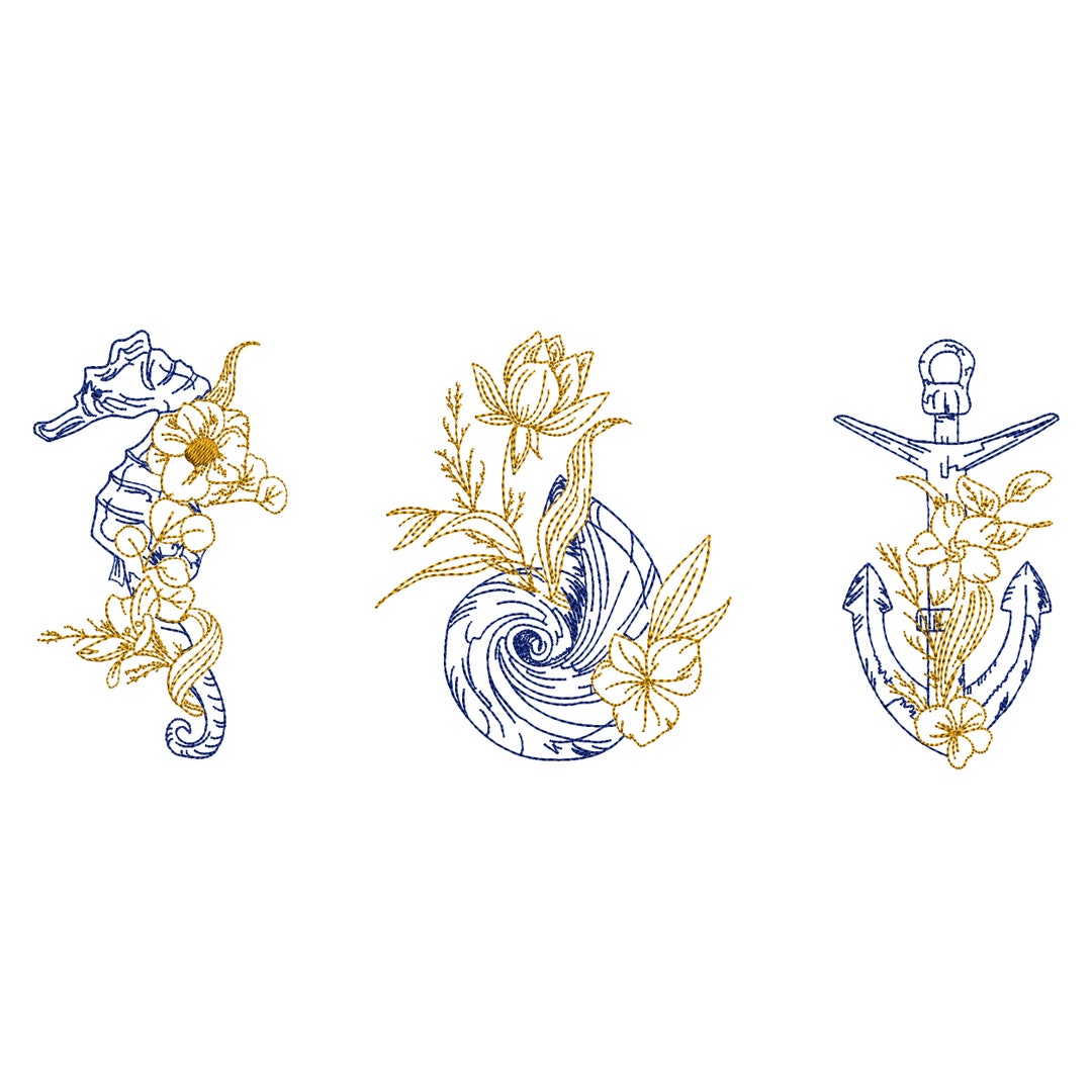 Marine Seahorse Shell and Anchor for Machine Embroidery Design ...