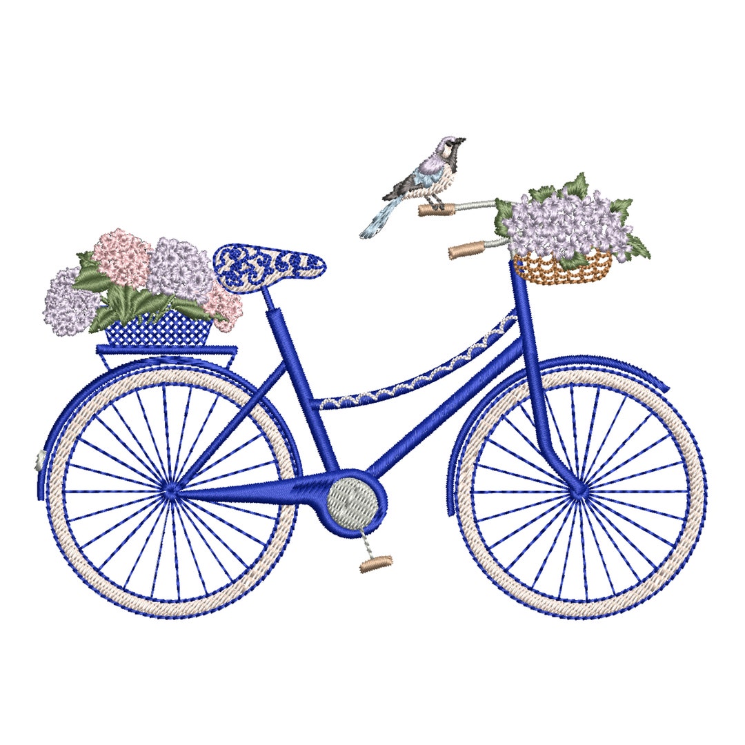Chinoiserie Hydrangea Bike Machine Embroidery Design, Blue and White Flower Bicycle Pattern ...