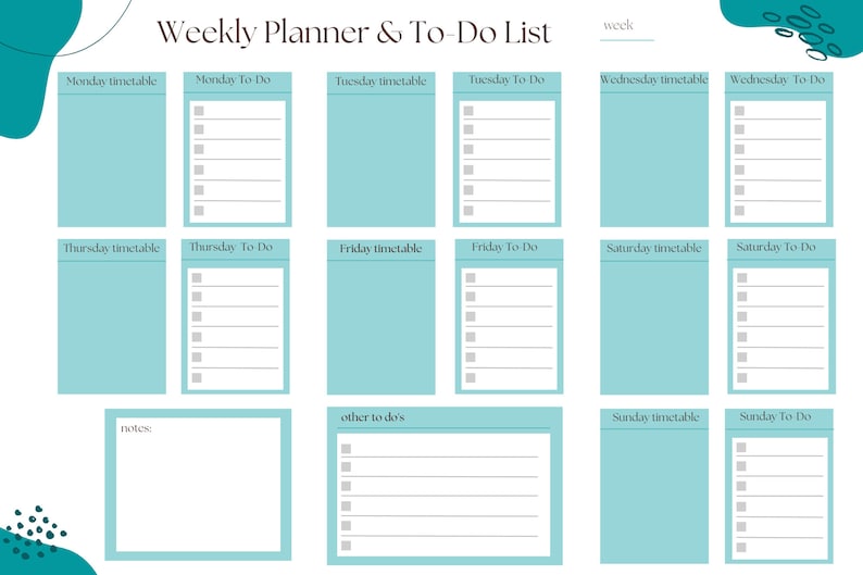 Weekly Planner & to Do List Turquoise / Blue, Printable - Etsy