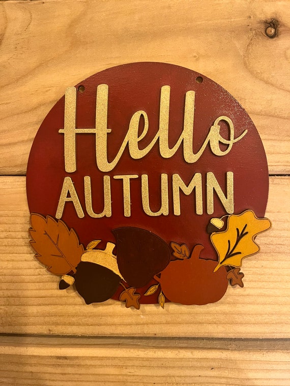 Burgundy Hello Autumn Hanging Sign Round Entryway Farmhouse - Etsy