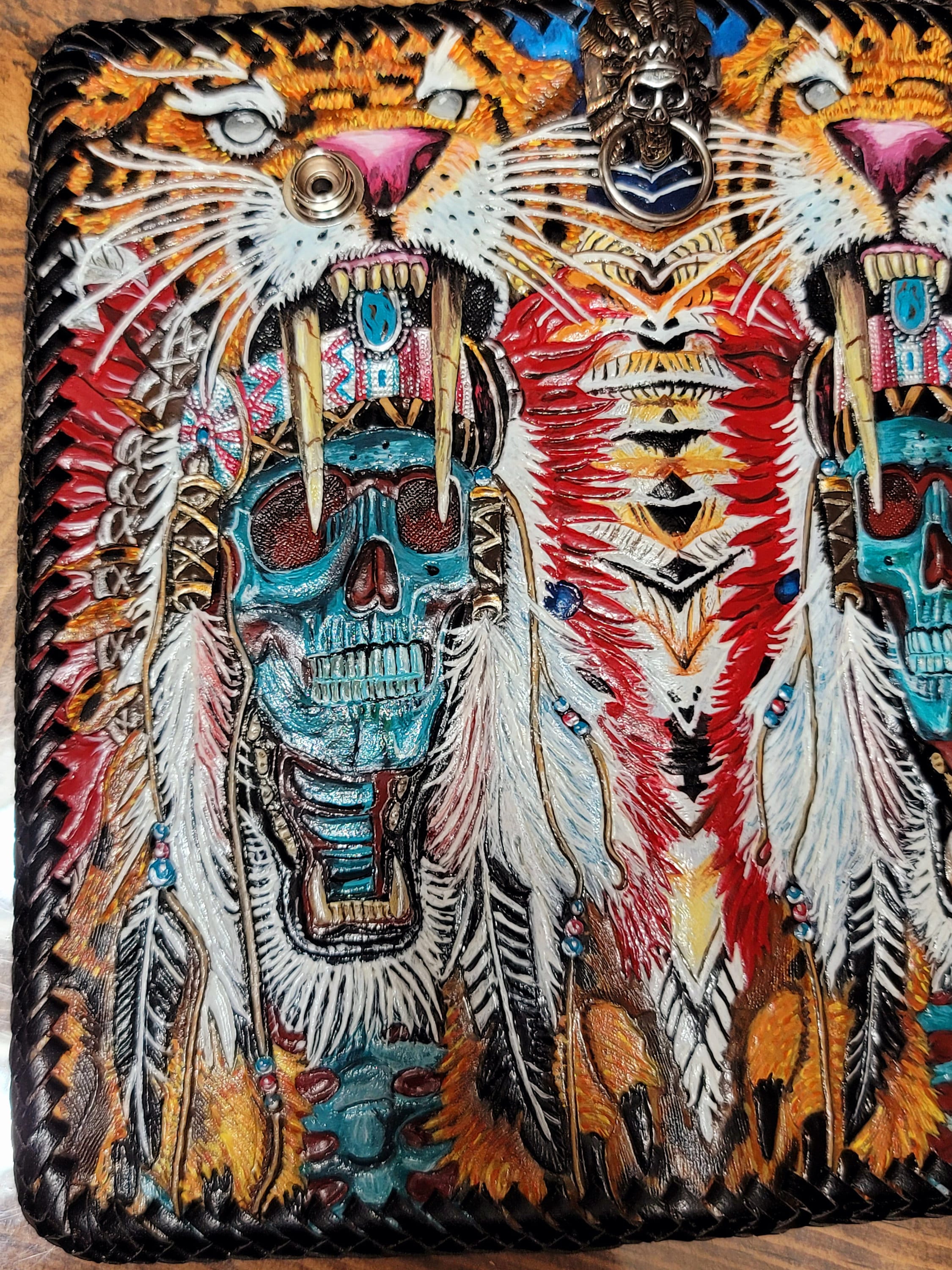 Hand Tooled Hand Painted Genuine Leather Native American Skull Skeleton ...