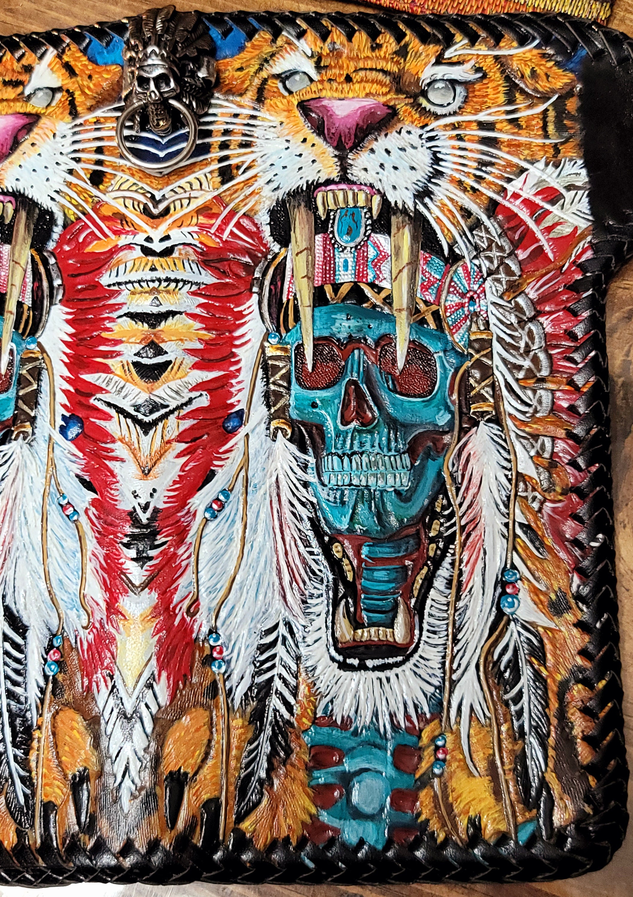Hand Tooled Hand Painted Genuine Leather Native American Skull Skeleton ...