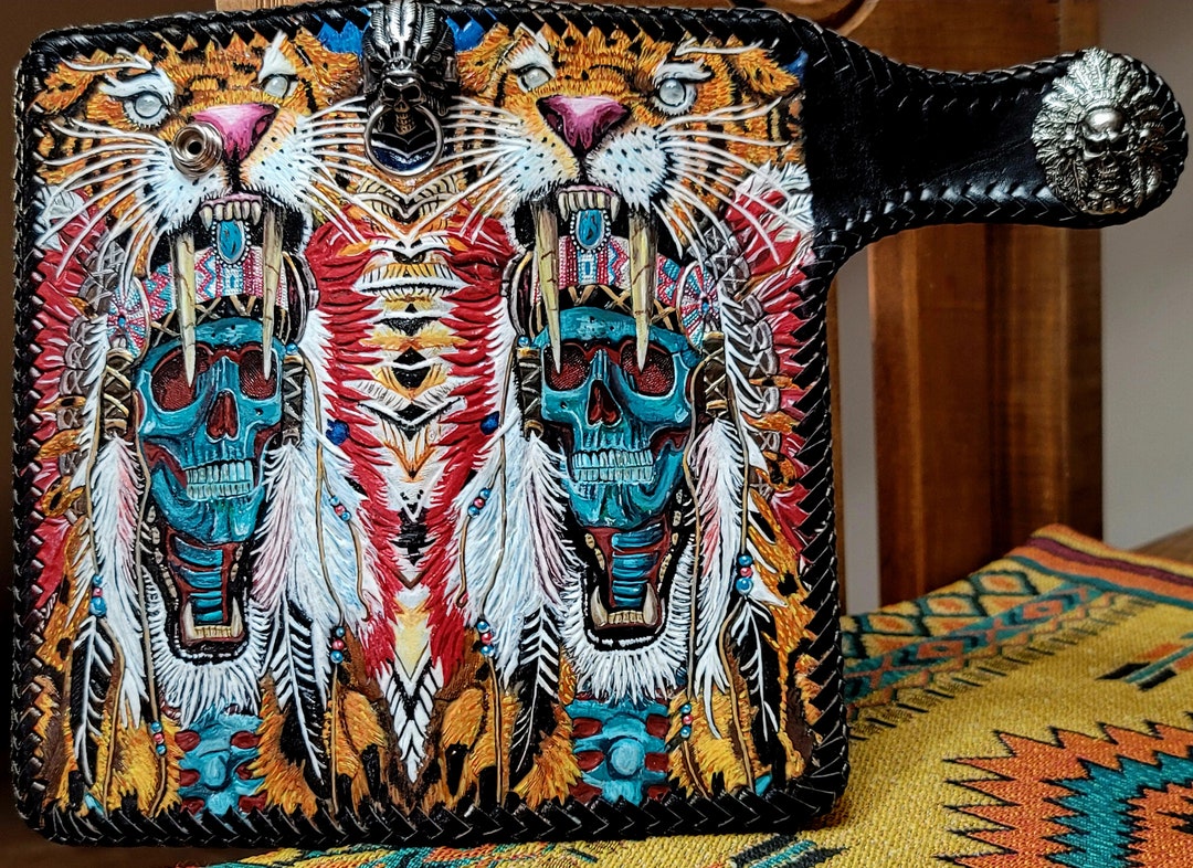Hand Tooled Hand Painted Genuine Leather Native American Skull Skeleton ...