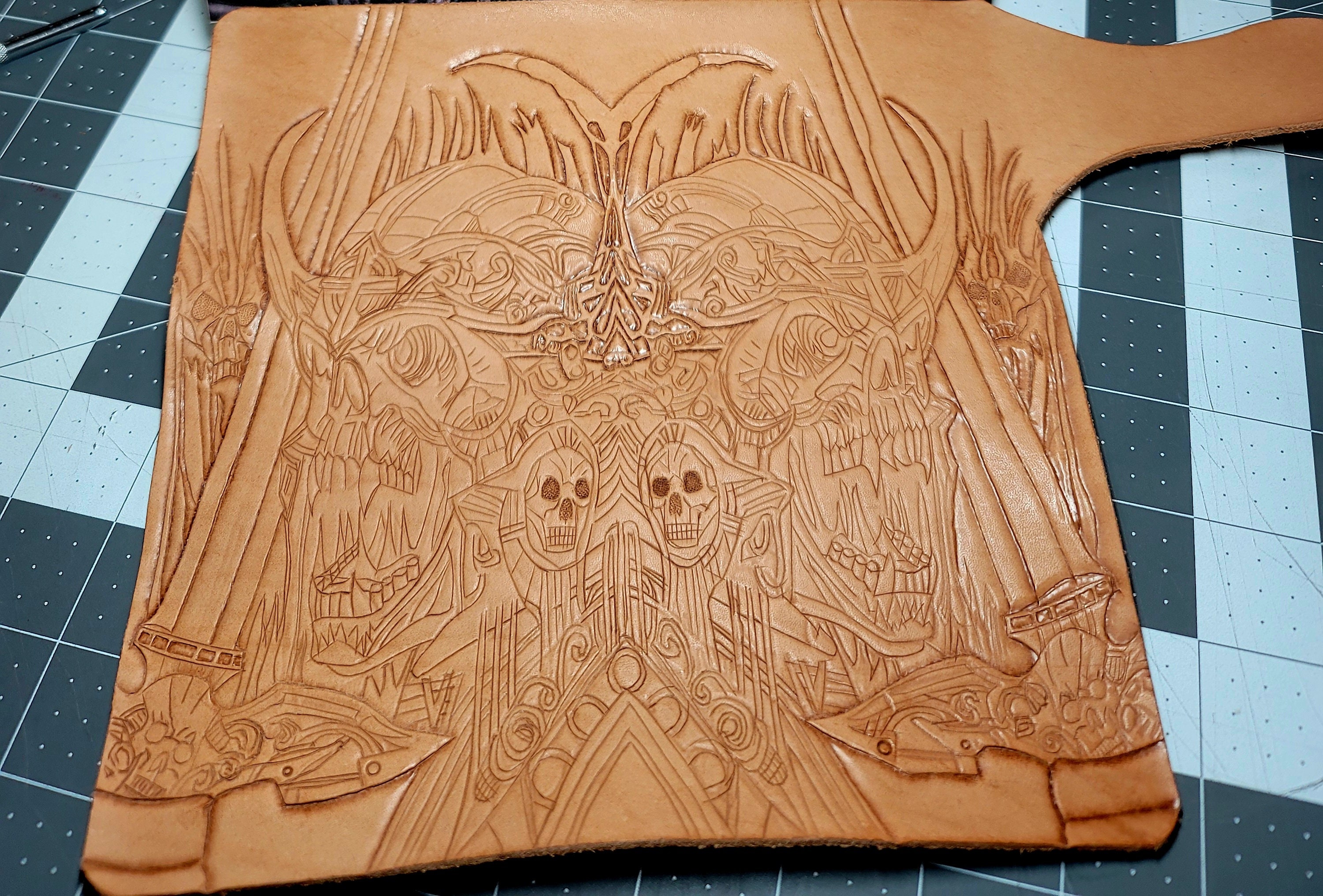 Hand Tooled Hand Painted Genuine Leather Skull W/horned Hemet & Sword ...