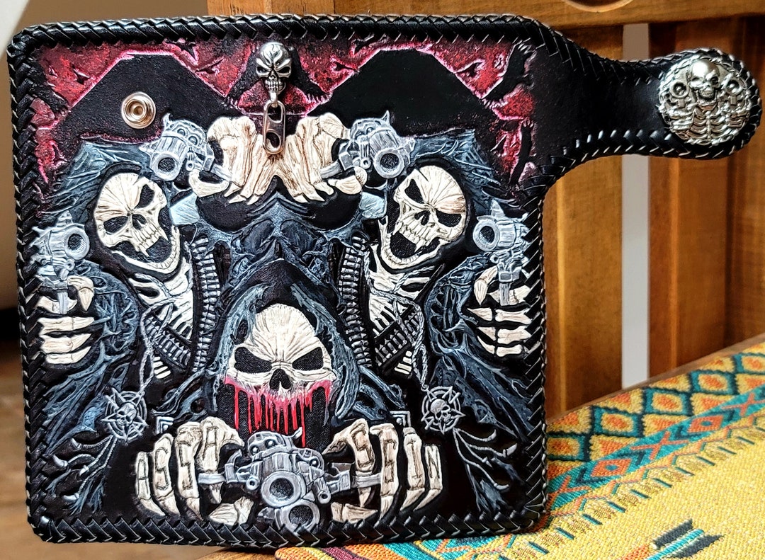 Hand Tooled Hand Painted Genuine Leather Skull Wallet With Fanged Grim ...