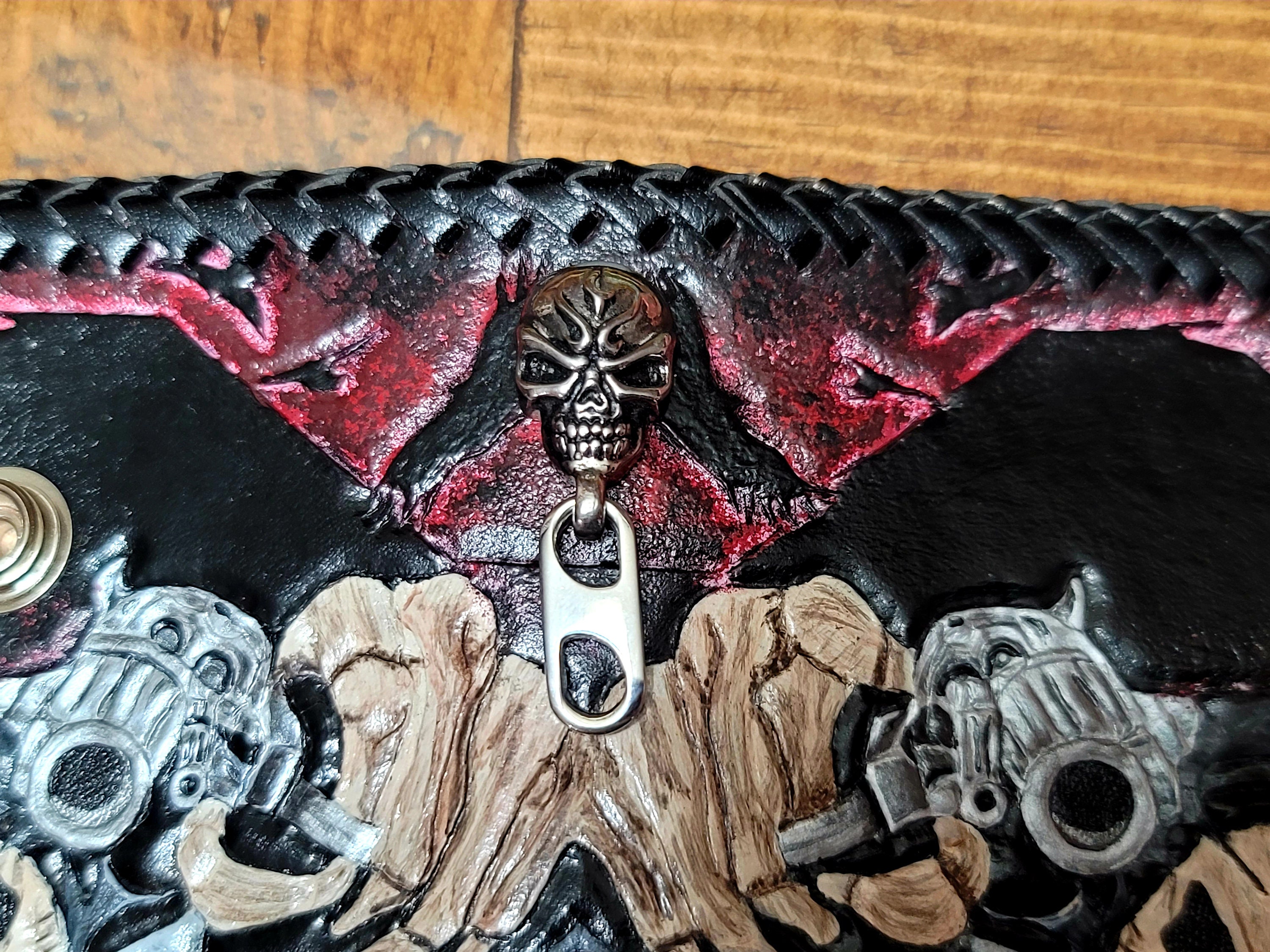 Hand Tooled Hand Painted Genuine Leather Skull Wallet With Fanged Grim ...