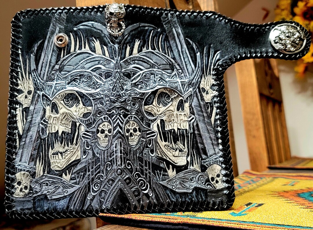 Hand Tooled Hand Painted Genuine Leather Skull W/horned Hemet & Sword ...