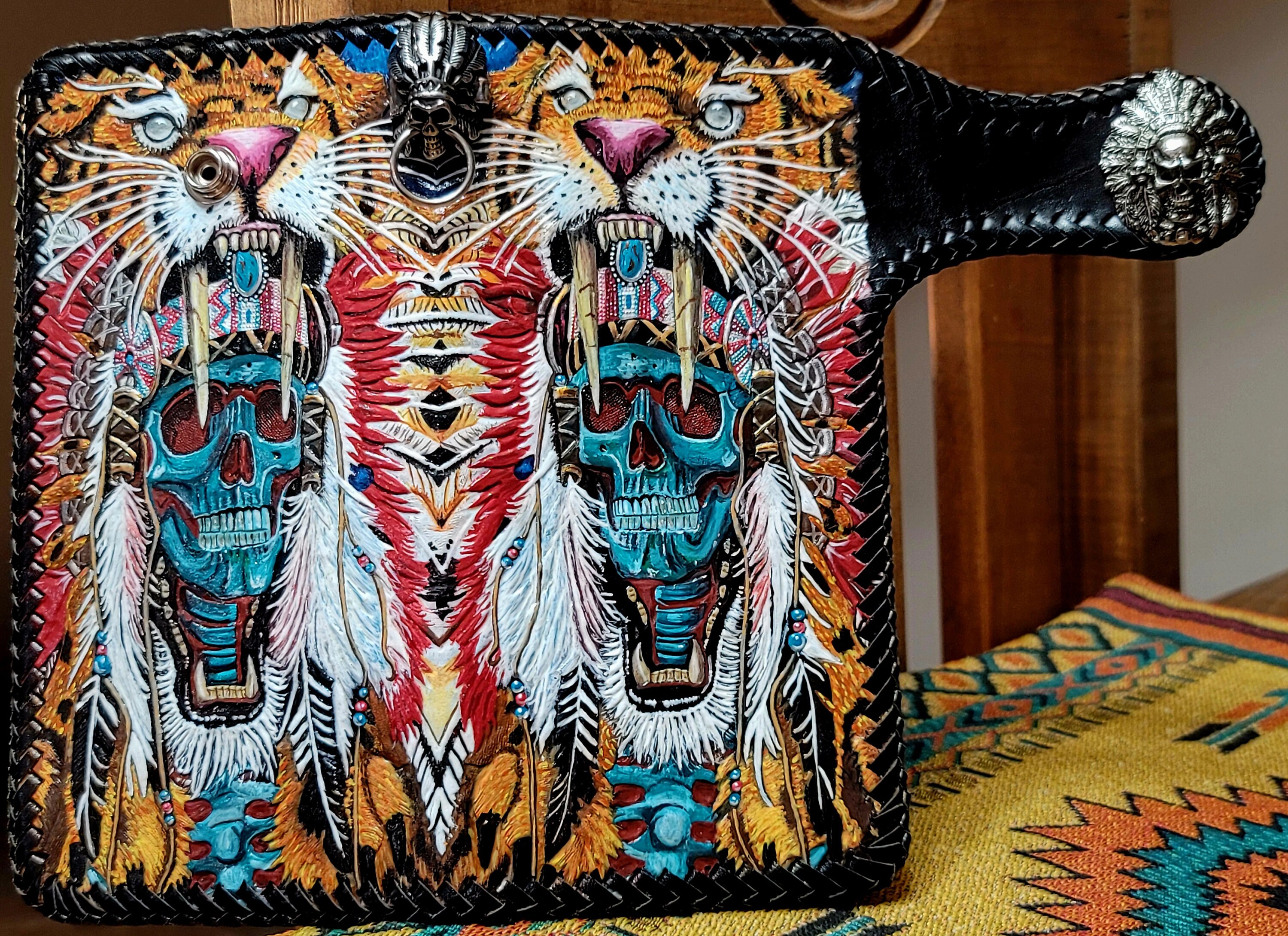 Hand Tooled Hand Painted Genuine Leather Native American Skull Skeleton ...