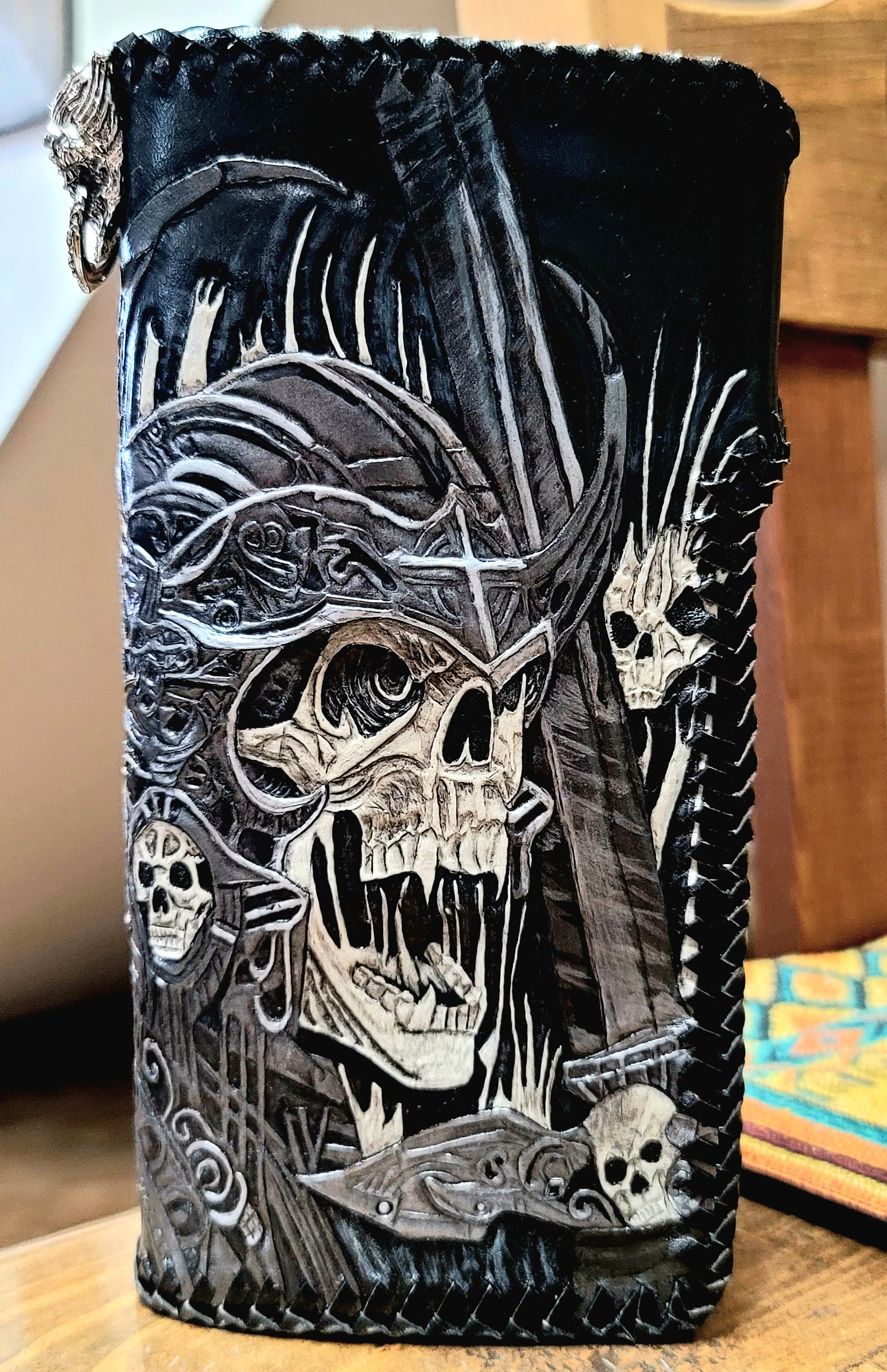 Hand Tooled Hand Painted Genuine Leather Skull W/horned Hemet & Sword ...