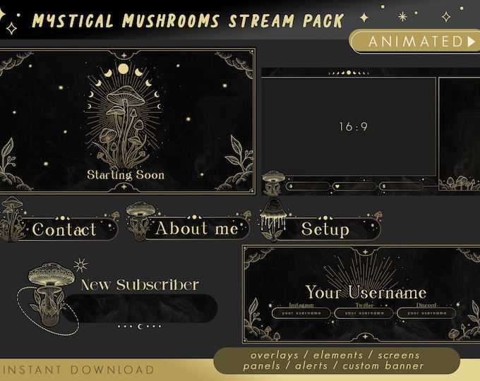 ANIMATED Twitch Stream Package / Mystical Mushrooms Theme / Overlays Alerts Panels Screens Moon ...