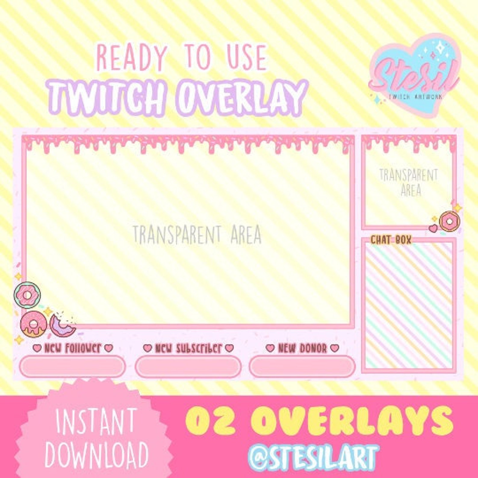 02 Twitch Overlays / Donuts / Kawaii / Streamer / Dessert / Bakery / Pastel / Streamer Graphics ...