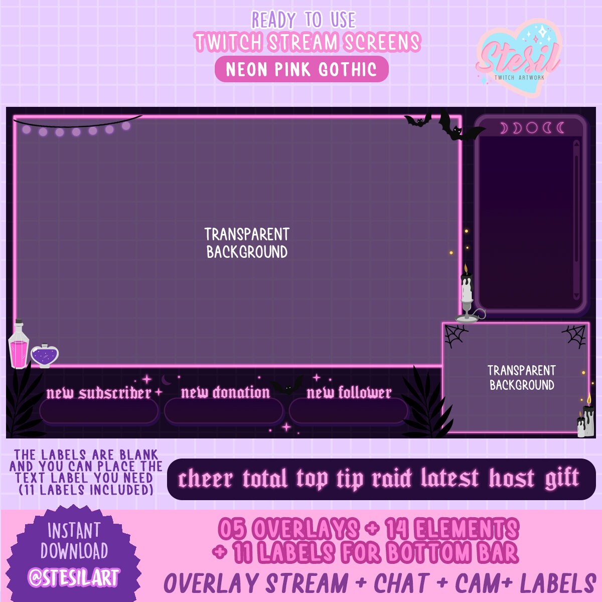 05 Twitch Overlay Elements / Gothic Neon Pink Theme / Esoteric / Magic ...