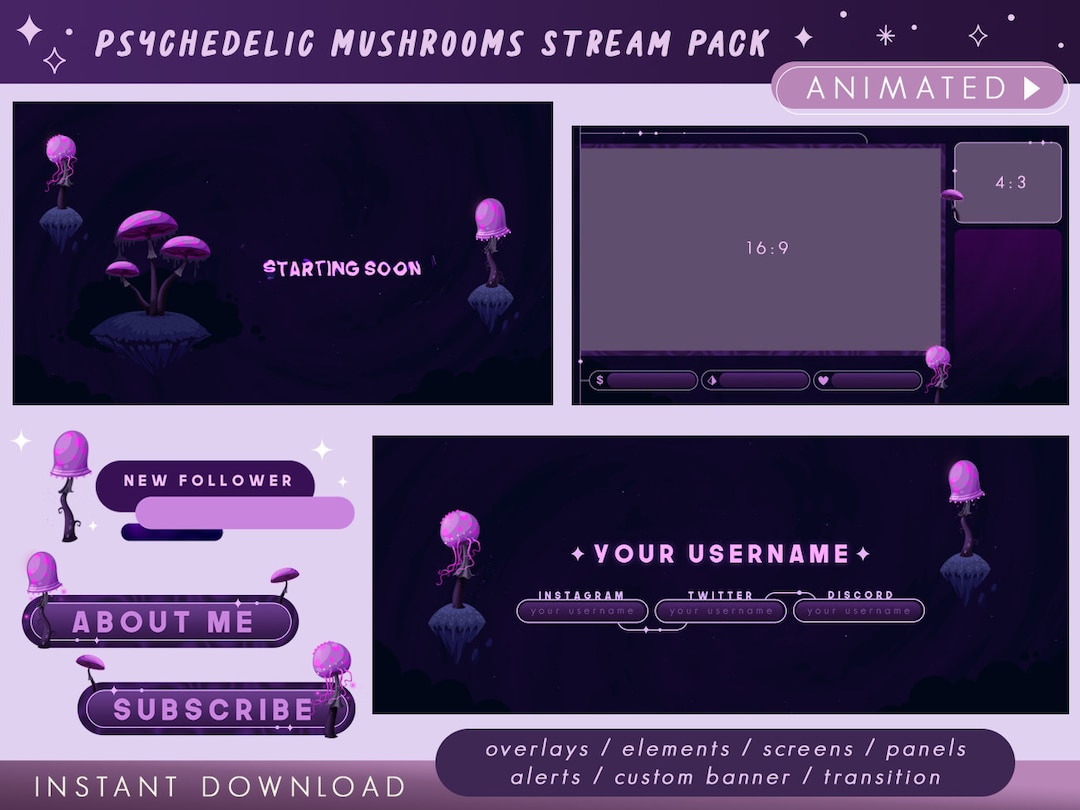 ANIMATED Twitch Stream Package / Psychedelic Mushrooms Theme / Overlays / Elements / Alerts ...