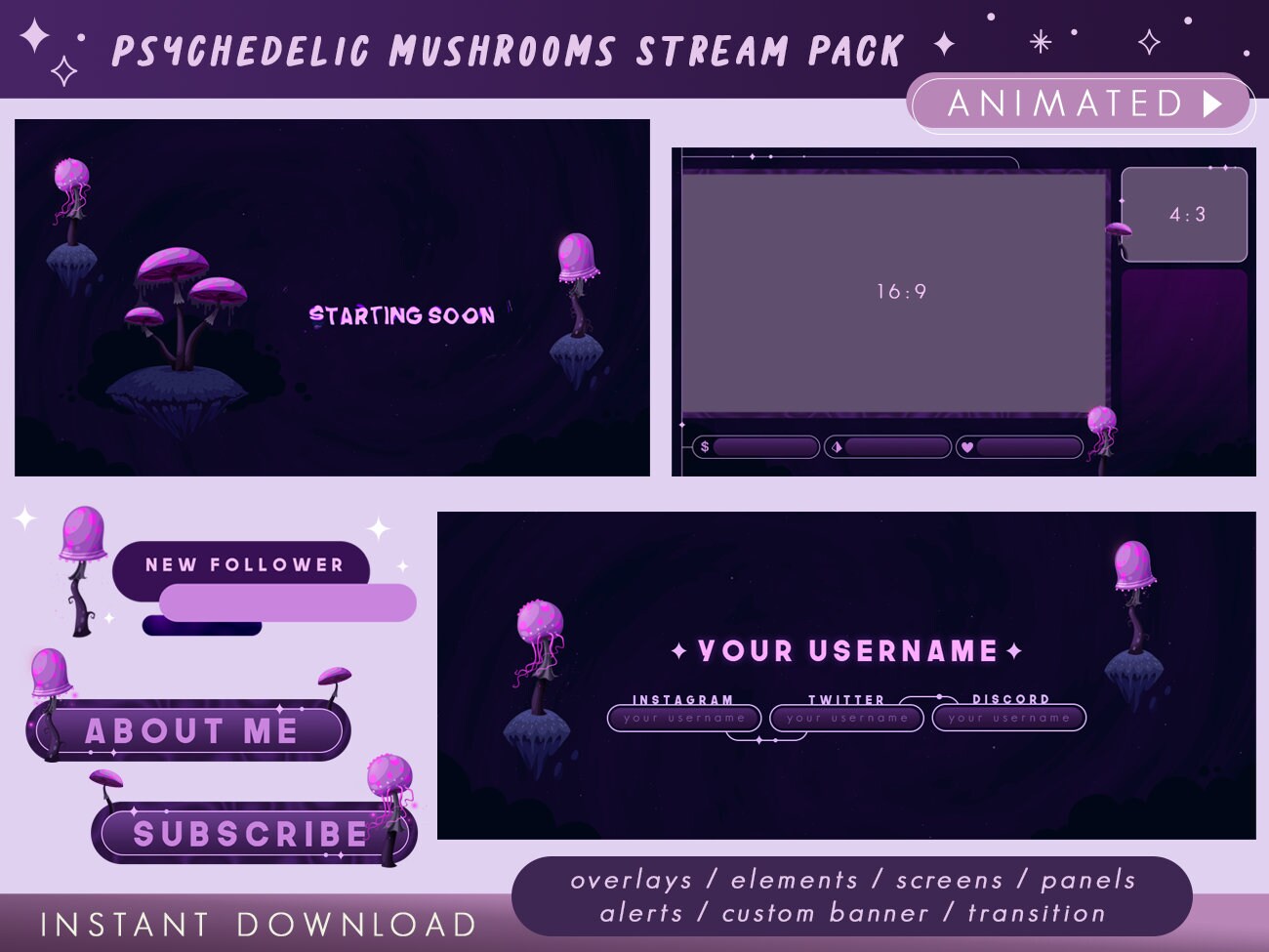 ANIMATED Twitch Stream Package / Psychedelic Mushrooms Theme / Overlays ...