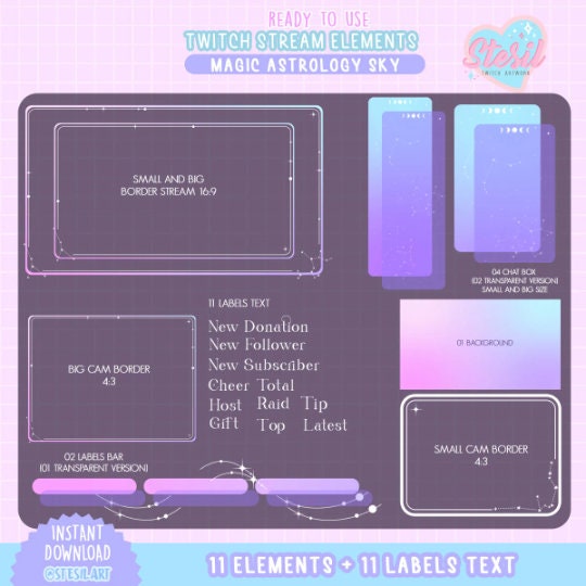 05 Twitch Overlay Elements / Magic Astrology Sky Theme / Pink ...