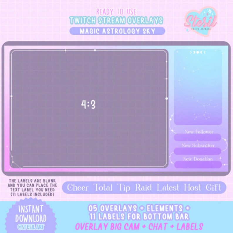 05 Twitch Overlay Elements / Magic Astrology Sky Theme / Pink / Iridescent / Zodiac / Pastel ...