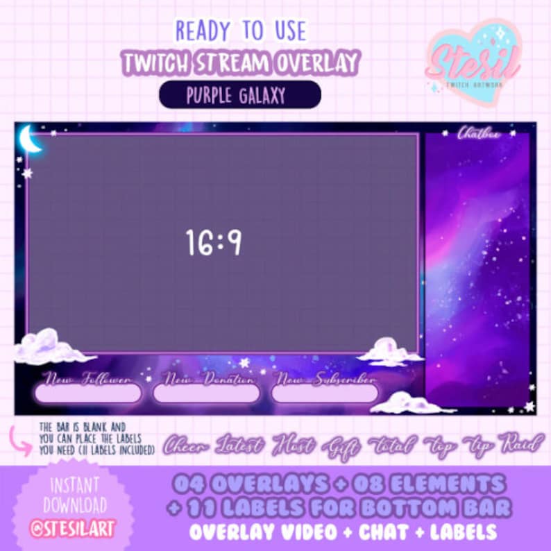 ANIMATED Twitch Stream Package / Purple Galaxy / Sky / Magic / Moon ...