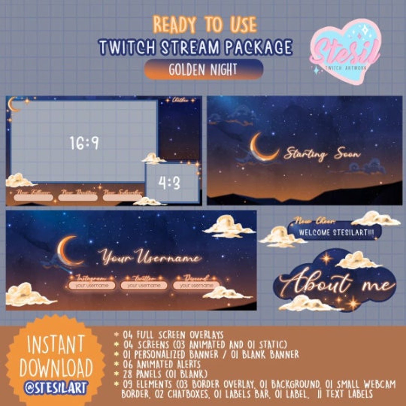 ANIMATED Twitch Stream Package / GOLDEN Night Theme / Sky / Magic ...