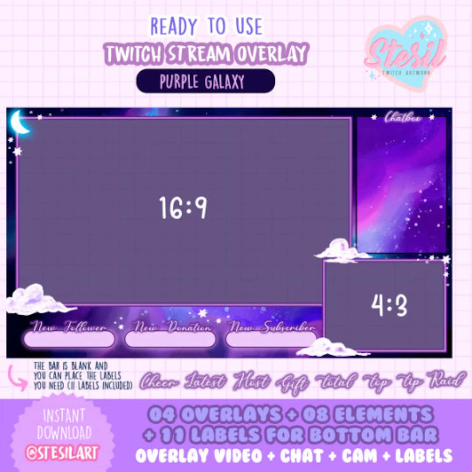 ANIMATED Twitch Stream Package / Purple Galaxy / Sky / Magic / Moon ...
