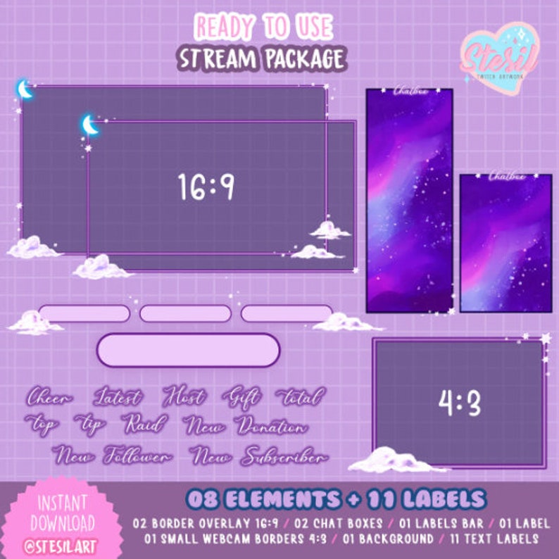 ANIMATED Twitch Stream Package / Purple Galaxy / Sky / Magic / Moon ...
