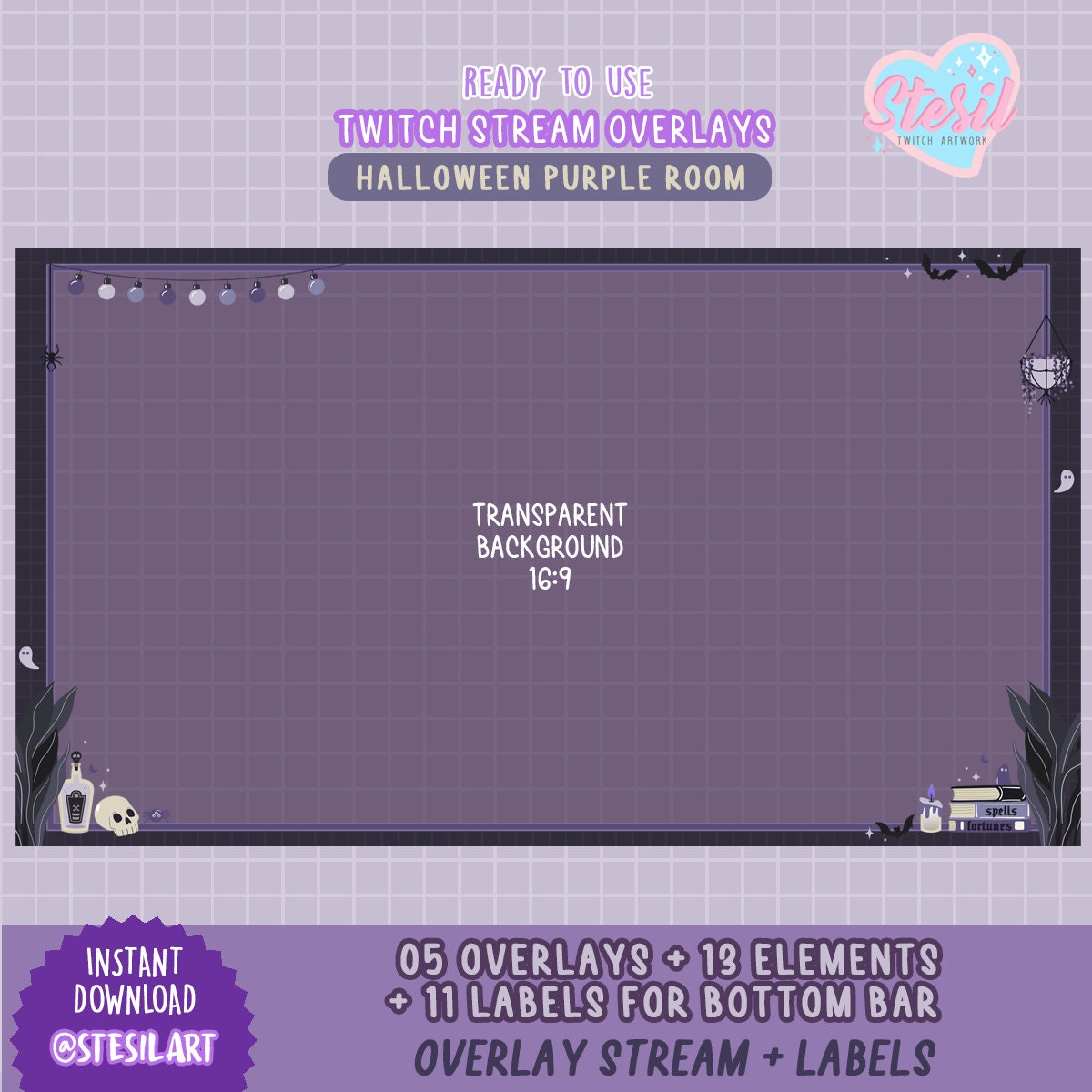 05 Twitch Overlay Elements / Purple Halloween Room Theme / Esoteric ...