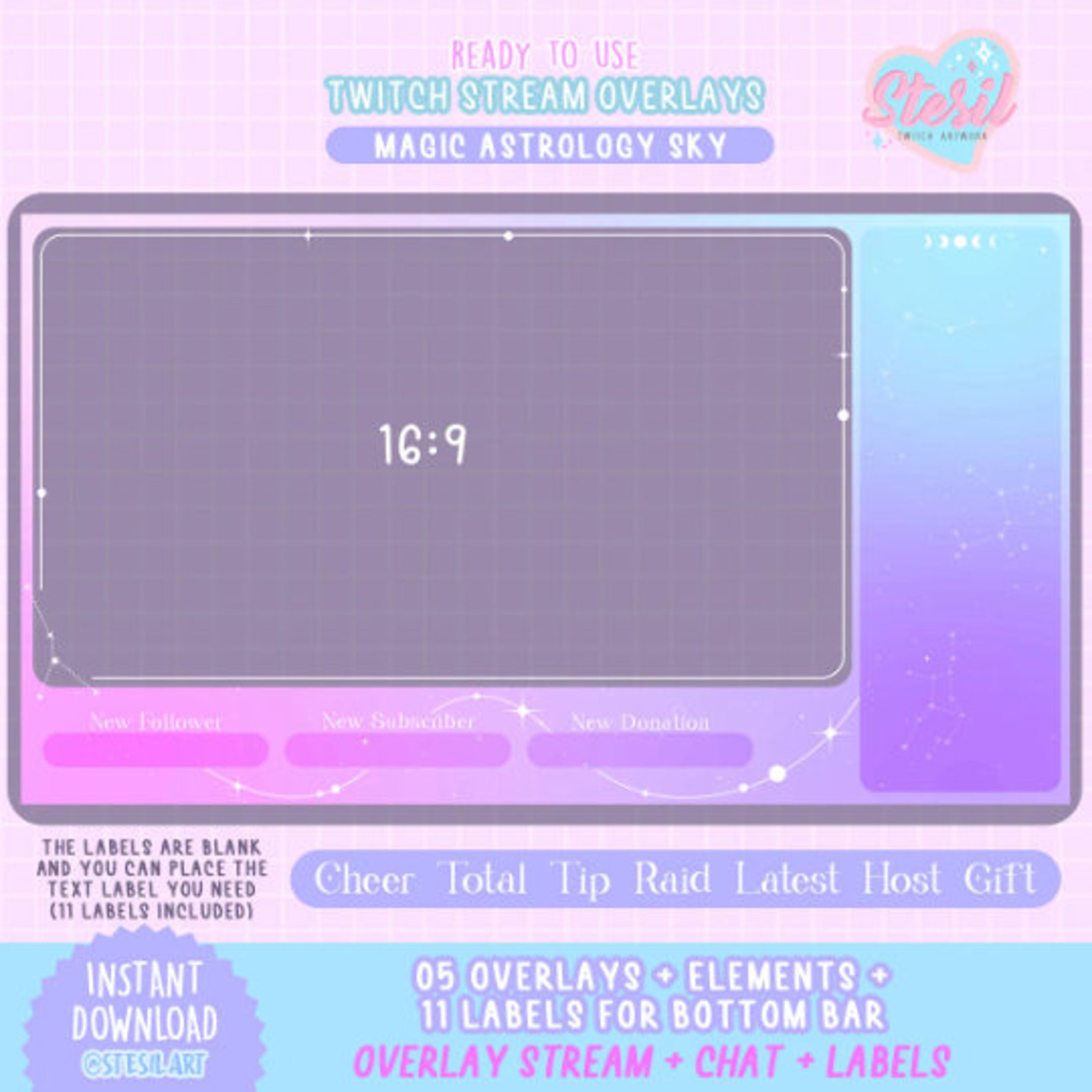 05 Twitch Overlay Elements / Magic Astrology Sky Theme / Pink / Iridescent / Zodiac / Pastel ...