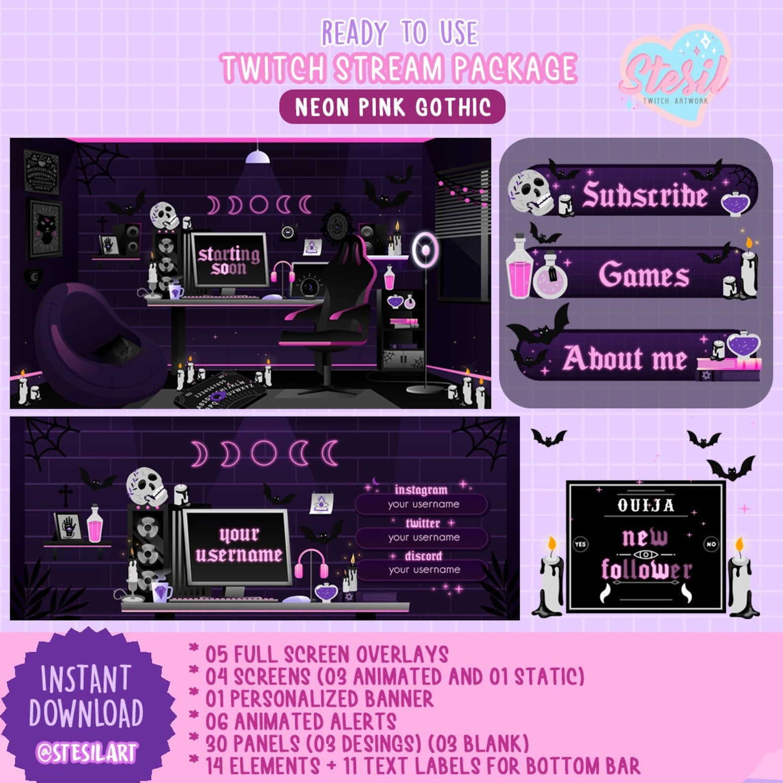 ANIMATED Twitch Stream Package / Gothic Neon Pink Theme / Esoteric ...