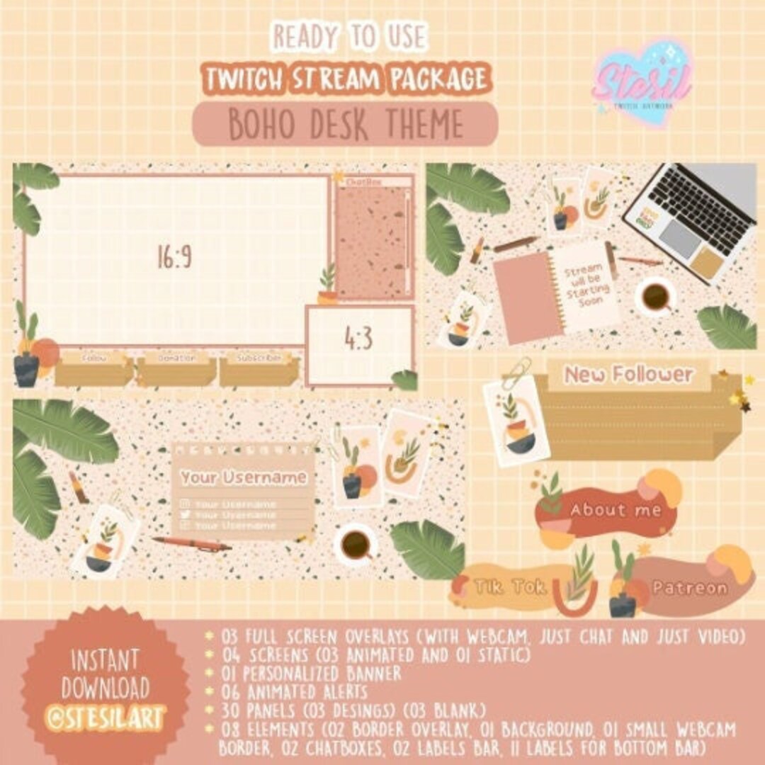 ANIMATED Twitch Stream Package / Boho Desk Theme / Plants / Work Space ...