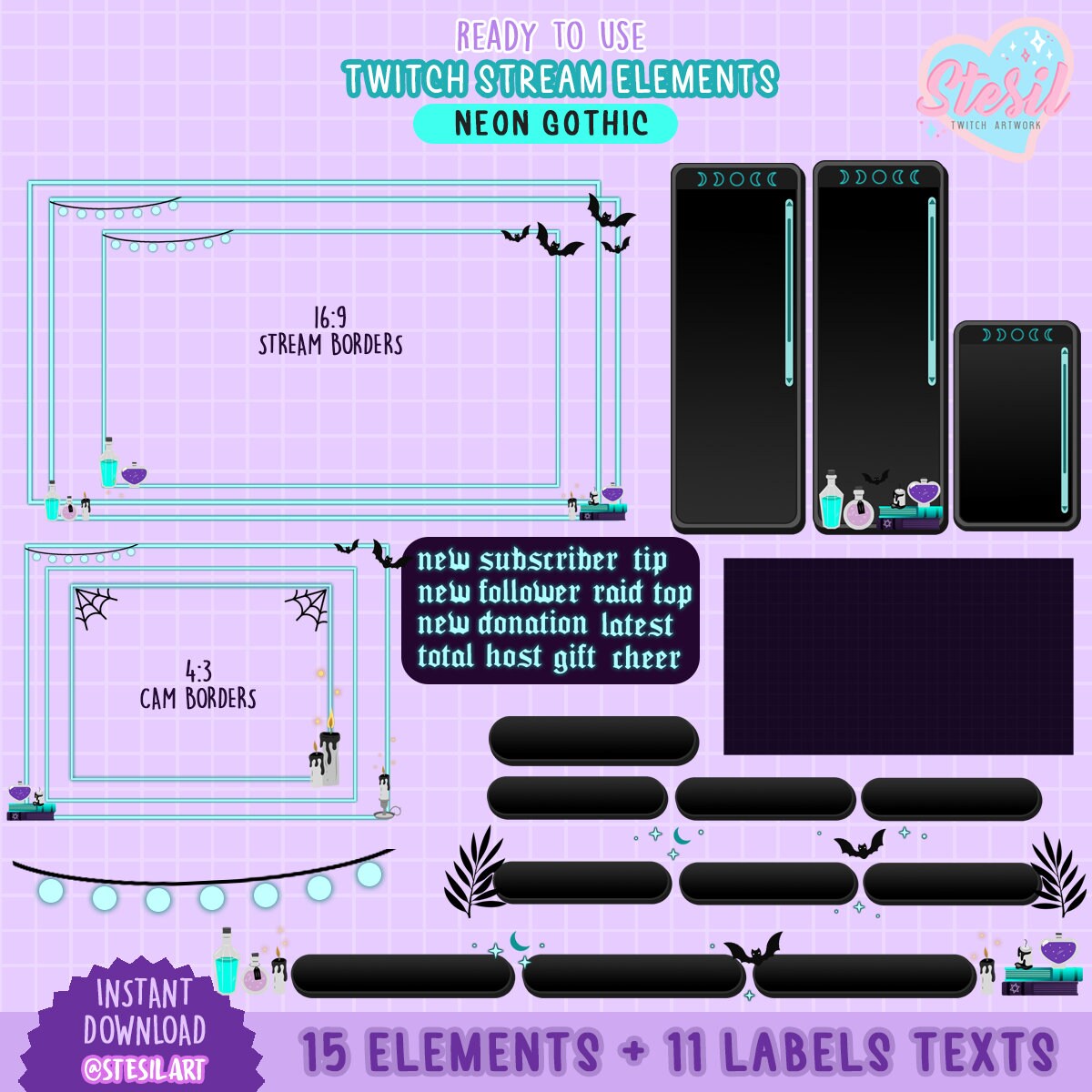 05 Twitch Overlay Elements / Gothic Neon Theme / Esoteric / - Etsy