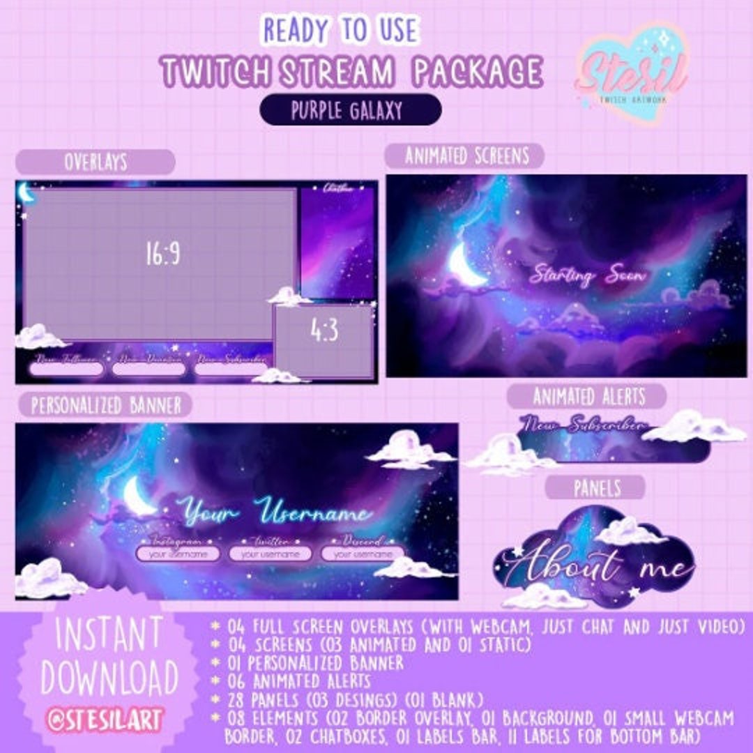 ANIMATED Twitch Stream Package / Purple Galaxy / Sky / Magic / Moon ...
