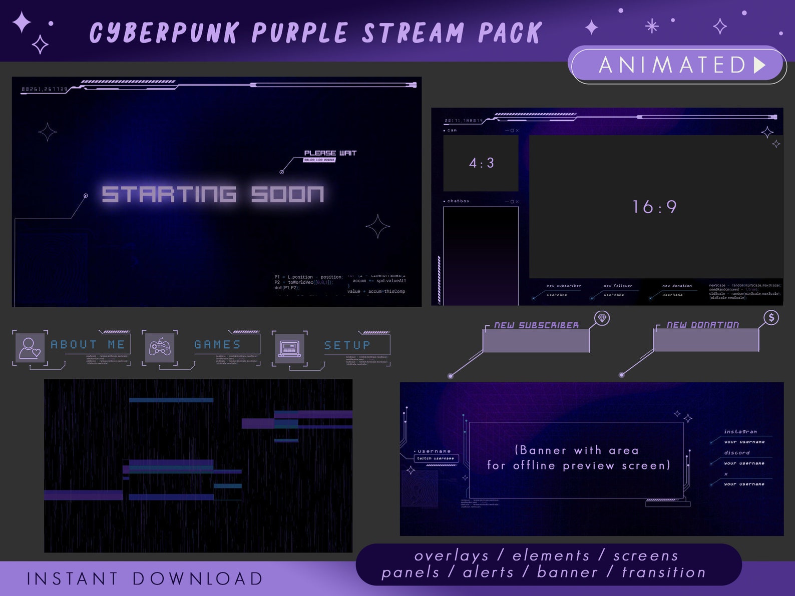 ANIMATED Twitch Stream Package / Cyber Punk Purple Theme / Overlays ...