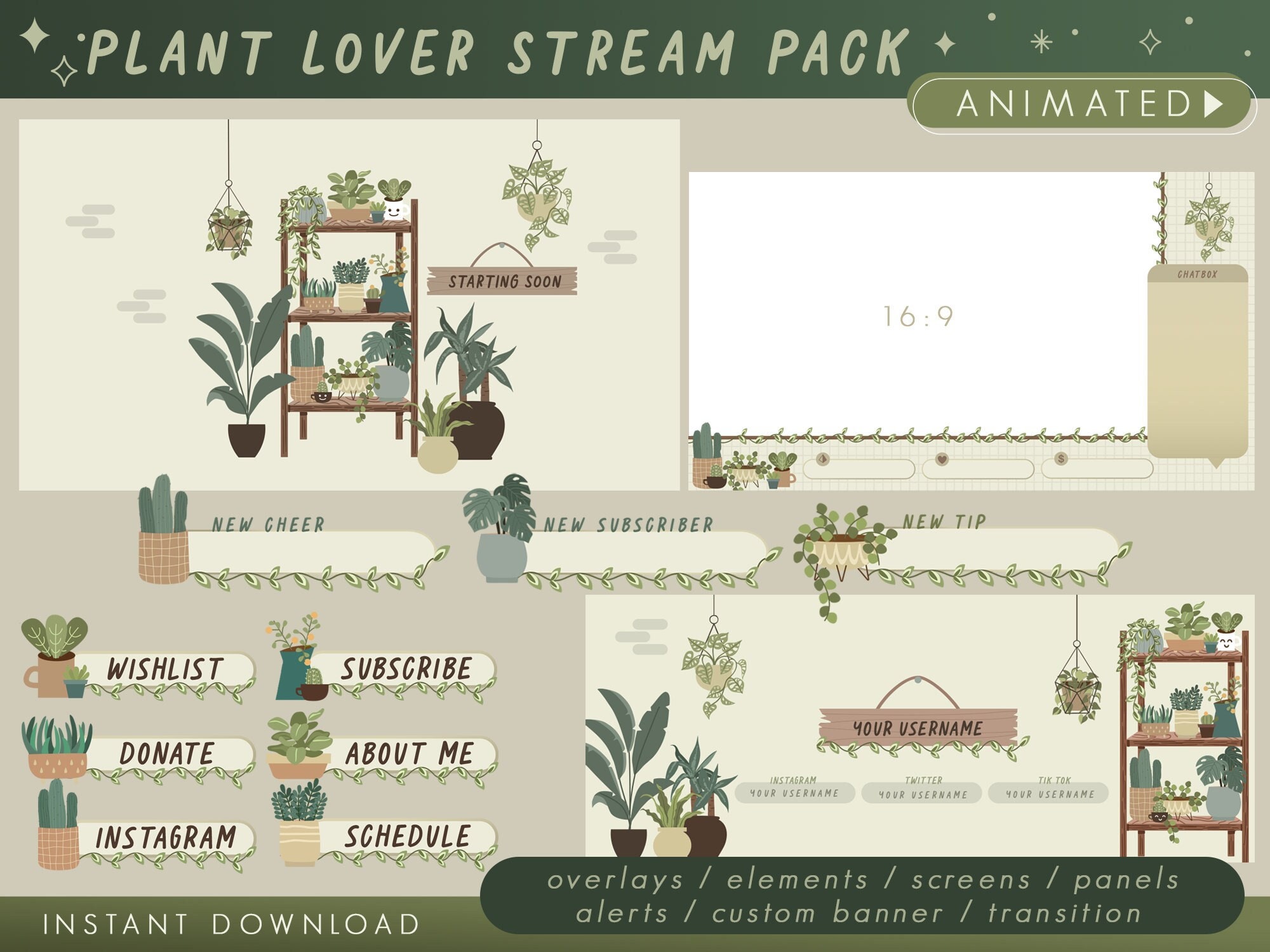 ANIMATED Twitch Stream Package / PLANT LOVER Theme / Overlays ...