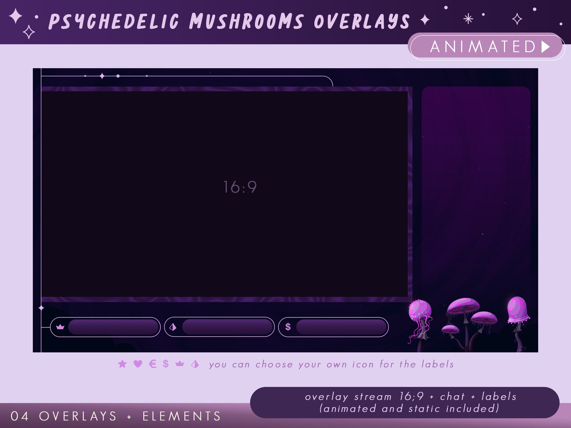 04 Twitch Overlays and 17 Elements / Psychedelic Mushrooms Theme ...