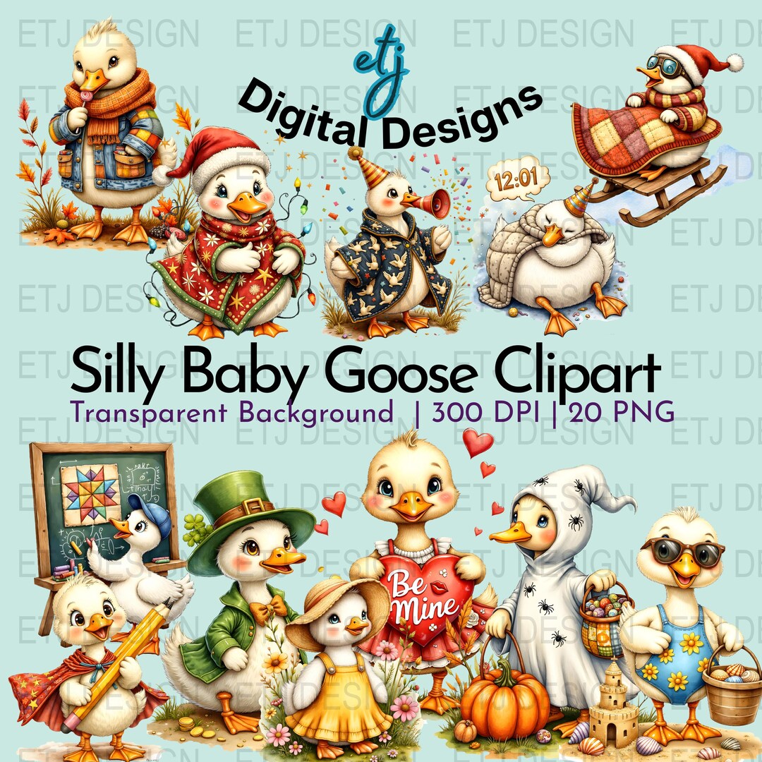 Silly Baby Goose Clip Art Bundle,300 DPI PNG, Cute Animal Illustration ...